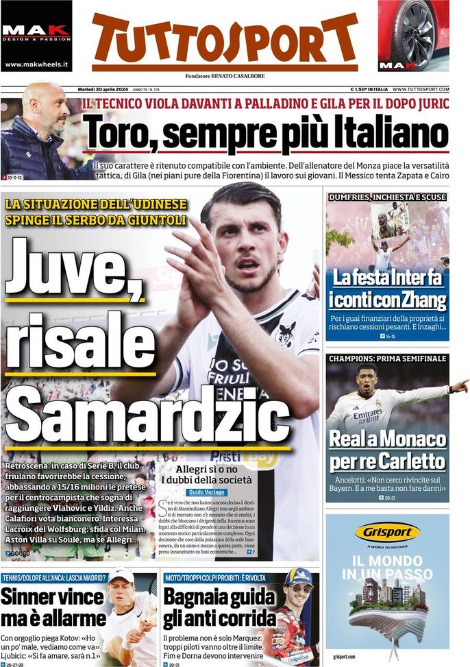 Prima Pagina Tuttosport Juventus Sfida Con Il Milan Per Lacroix