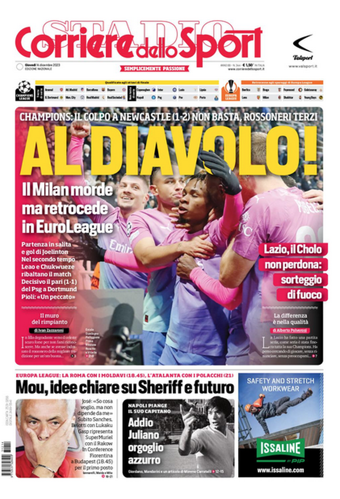 Prima Pagina Corriere Dello Sport “milan Al Diavolo ” Pianeta Milan